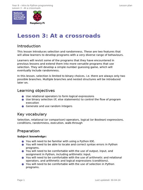 L3 Lesson Plan Intro To Python Programming Y8 Pdf Python