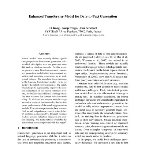 enhanced transformer model for data to text generation acl anthology