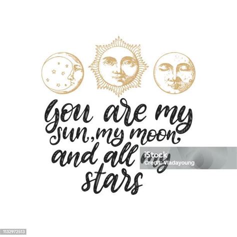 태양 달 및 초승달 조각 스타일에 그려진의 집합입니다 벡터 손 글자 당신은 내 태양 내 달과 내 모든 별 이다 달 하늘에 대한 스톡 벡터 아트 및 기타 이미지 Istock
