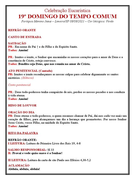 Missa 19º Domingo Do Tempo Comum 2021 Pdf Eucaristia Oração