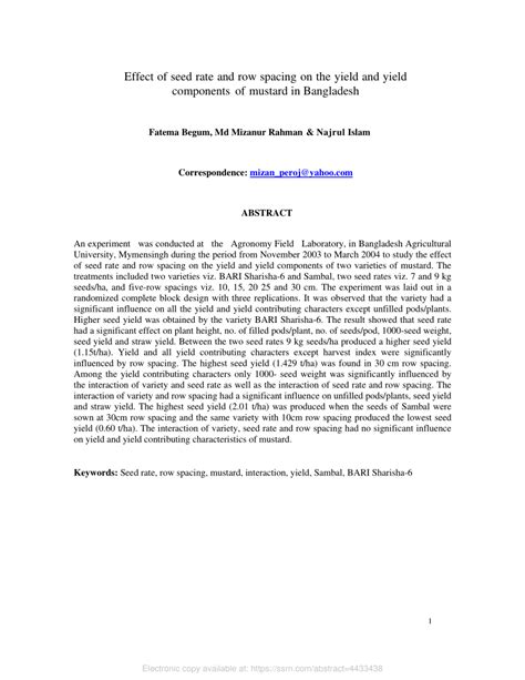 Pdf Effect Of Seed Rate And Row Spacing On The Yield And Yield Components Of Mustard In Bangladesh