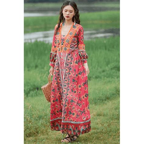 동남아 원피스 에스닉 보헤미안 레트로 빈티지 세련된 자수 롱 스커트 V 넥 긴소매그물 자수 프린트 슬림 드레스 바캉스 휴가 원피스