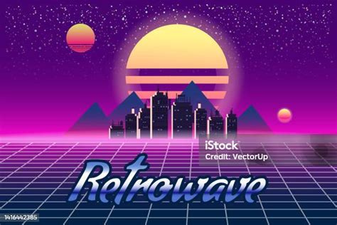 레트로 웨이브 배너 증기파 미적 배경 미래 지향적 인 도시 그리드 3d 일몰 80의 신스 웨이브 바둑판에 대한 스톡 벡터 아트 및 기타 이미지 Istock