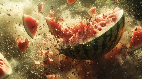 Watermelon Exploding Into Pieces With Red Juicy Flesh Seeds Flying In