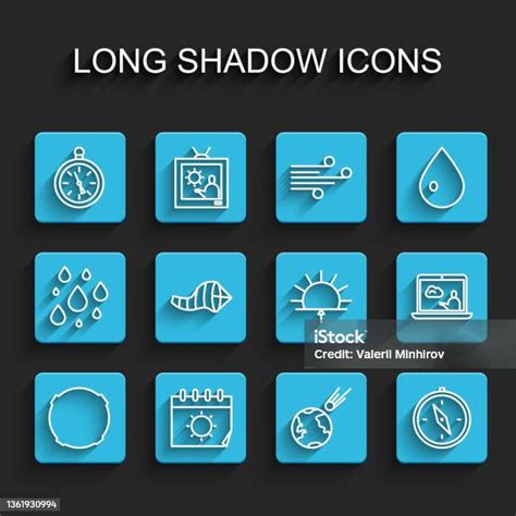 세트 라인 달 달력과 태양 나침반 혜성은 빠르게 아래로 떨어지는 콘 기상 바람 바람 베인 일기 예보와 일출 아이콘 벡터 Gui 위젯에 대한 스톡 벡터 아트 및 기타 이미지