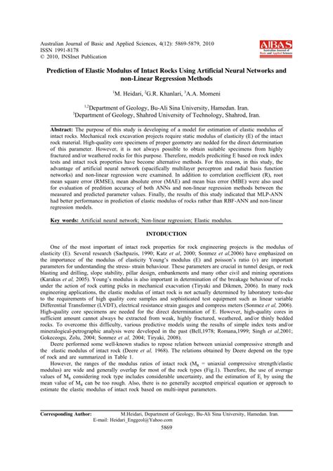 Pdf Prediction Of Elastic Modulus Of Intact Rocks Using Artificial Neural Networks And Non