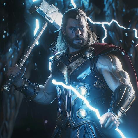 3d Rendered Photo Of Thor Wielding Mjolnir Lightning Crackling Around Him Premium Ai Generated
