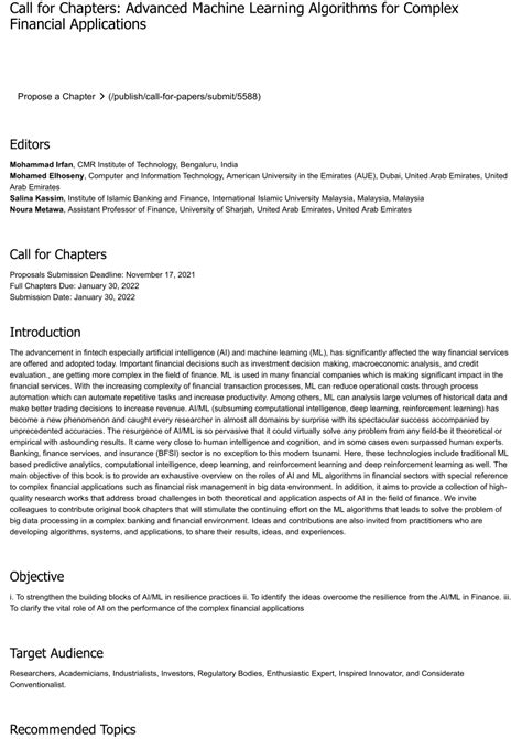 Pdf Call For Chapters Advanced Machine Learning Algorithms For Complex Financial Applications