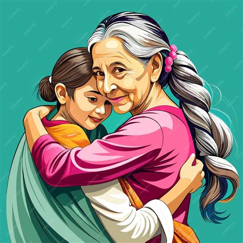Pencil Sketch Art Of Indian Grandmother Hugging Grand Daughter Vector