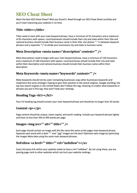 Top Seo Cheat Sheets Free To Download In Pdf Format