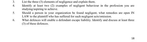 Solved 3. 4. 5. List the three (3) elements of negligence | Chegg.com