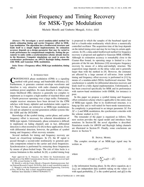 Pdf Joint Frequency And Timing Recovery For Msk Type Modulation