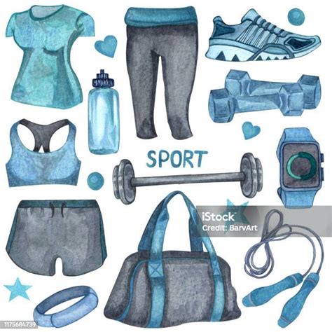 체육관 스포츠 또는 피트니스 여성 세트의 수채화 그림입니다 스포츠 물건 물병 시계 가방 무게 티셔츠 아령 점프 로프 트레이너 흰색 배경에 고립 수채화에 대한 스톡 벡터 아트