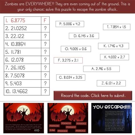 Halloween Multiplying Decimals Escape Room 6th Grade Zombie Digital Game
