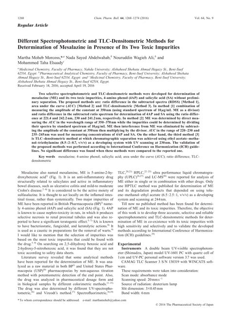 Pdf Different Spectrophotometric And Tlc Densitometric Methods For Determination Of Mesalazine