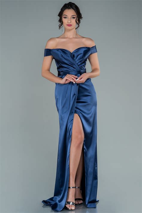 Long Navy Blue Satin Mermaid Prom Dress Abu2585