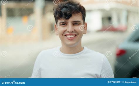 Non Binary Man Smiling Confident Standing At Street Stock Image Image Of Hispanic Cheerful