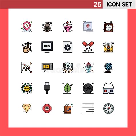 25 Universal Filled Line Flat Color Signs Symbols Of Clock Magazine Bouquet Leaflet Ad Stock