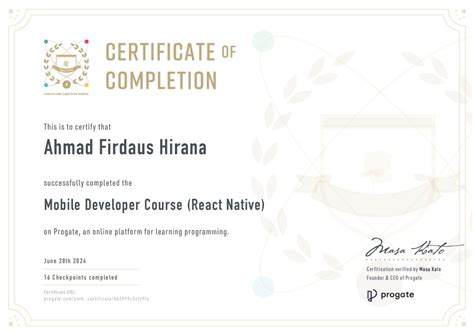Certificate Of Mobile Developer Course React Native Progate Ahmad