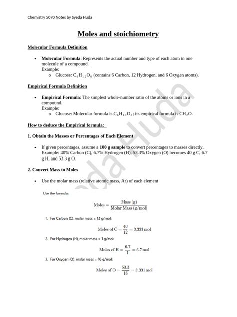 Stoichiometry And Moles Grade 10 Notes Pdf Mole Unit Molecules