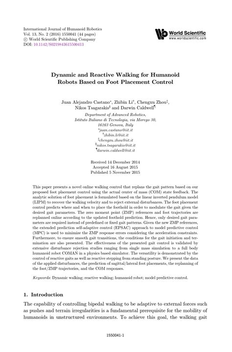 Pdf Dynamic And Reactive Walking For Humanoid Robots Based On Foot