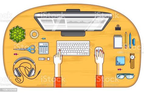 사무실 직원이 나 기업 손 및 Pc 컴퓨터와 작업 평면도 대 한 다양 한 편지지 개체 책상 직장을 작동 합니다 모든 요소는 별도로 사용 하기 쉽습니다 벡터 일러스트입니다 3