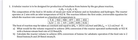Solved A Tubular Reactor Is To Be Designed For Production Of Butadiene 1 Answer
