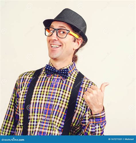Smiling Nerd Man In Bow Tie And Suspenders Is Showing Thumbs Up Happy Geeky Hipster Wears Retro
