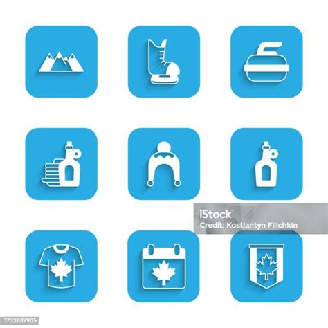 겨울 모자 단풍잎이 있는 캐나다의 날 페넌트 깃발 병 시럽 하키 저지 시럽 팬케이크 컬링을 위한 돌 산 아이콘을 설정합니다 벡터 0명에 대한 스톡 벡터 아트 및 기타 이미지