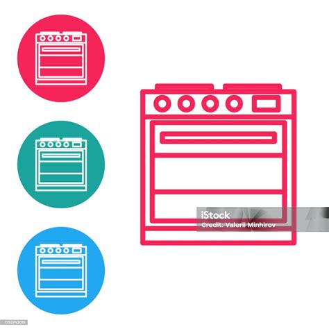 흰색 배경에 격리된 빨간색 선 오븐 아이콘입니다 스토브 가스 오븐 기호 원 버튼에 아이콘을 설정합니다 벡터 일러스트레이션 가열장치에 대한 스톡 벡터 아트 및 기타 이미지