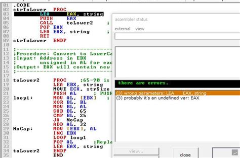 01 code 02 strtolower proc 03 04 lea eax string 05 push eax 06 call