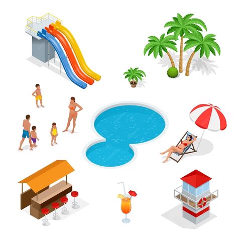 가족의 즐거움을 위한 슬라이드와 스플래시 패드가 있는 수상 놀이 공원 놀이터는 추상 그림을 설정합니다 흰색 배경에 워터 바가 있는 워터파크와 친구들 평면 3d