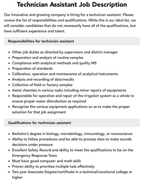 Technician Assistant Job Description Velvetjobs