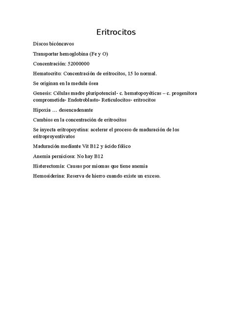 Eritric Eritrocitos Eritrocitos Discos Bicóncavos Transportar Hemoglobina Fe Y O Studocu