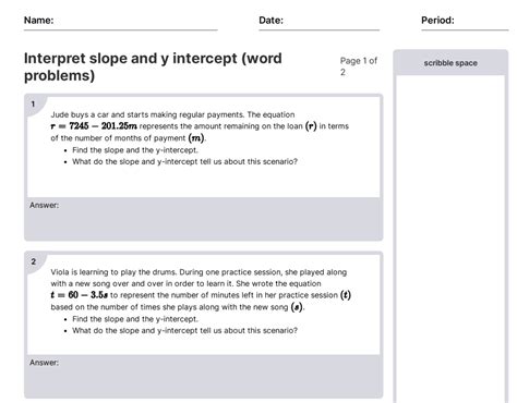 interpret slope and y intercept word problems worksheets [pdf] 8 ee