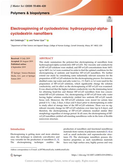 Electrospinning Of Cyclodextrins Hydroxypropyl Alpha Cyclodextrin