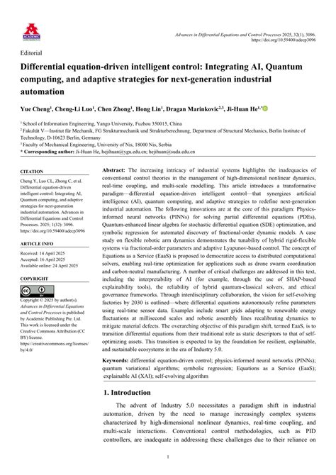 Pdf Differential Equation Driven Intelligent Control Integrating Ai Quantum Computing And