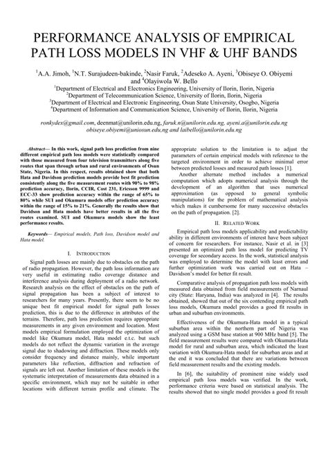 Pdf Performance Analysis Of Empirical Path Loss Models In Vhf And Uhf Bands