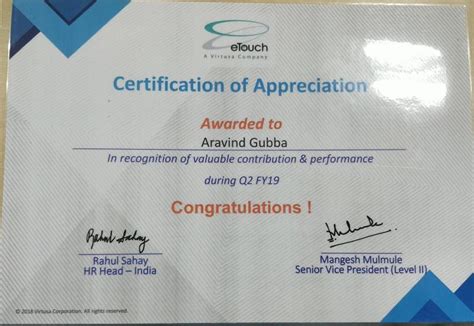 aravind gubba on linkedin certificate of appreciation from etouch a