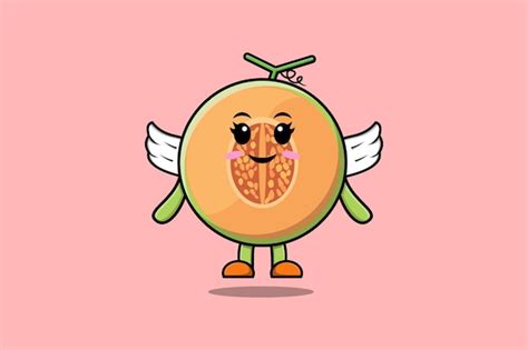 현대적인 스타일의 디자인 삽화에 날개를 달고 있는 귀여운 만화 멜론 캐릭터 프리미엄 벡터