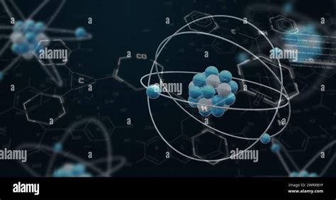 Image Of Atom Model Spinning And Data Processing On Black Background
