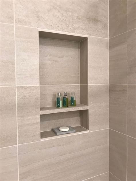 Modern White Tiled Bathroom With Shelves Bathroom Niche Tile Ideas