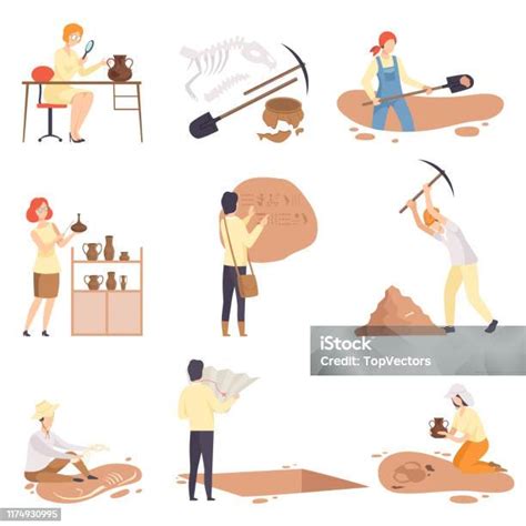 고고학자 발굴 및 역사 유물 세트 연구 고생물학 과학자 문자 평면 벡터 일러스트 고고학자에 대한 스톡 벡터 아트 및 기타 이미지 고고학자 고대의 고름 Istock
