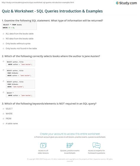 Quiz Worksheet SQL Queries Introduction Examples Study Com