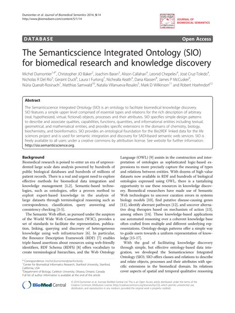 Pdf The Semanticscience Integrated Ontology Sio For Biomedical Research And Knowledge Discovery