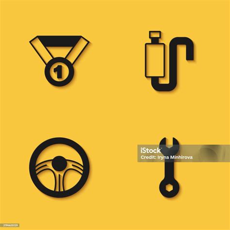 세트 메달 렌치 스패너 레이싱 스티어링 휠 및 긴 그림자가 있는 자동차 머플러 아이콘 벡터 1에 대한 스톡 벡터 아트 및 기타 이미지 Istock