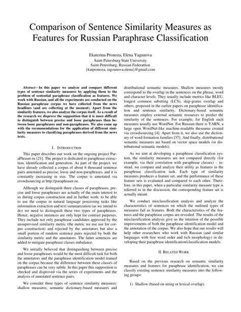 Pdf Comparison Of Sentence Similarity Measures For Russian Paraphrase