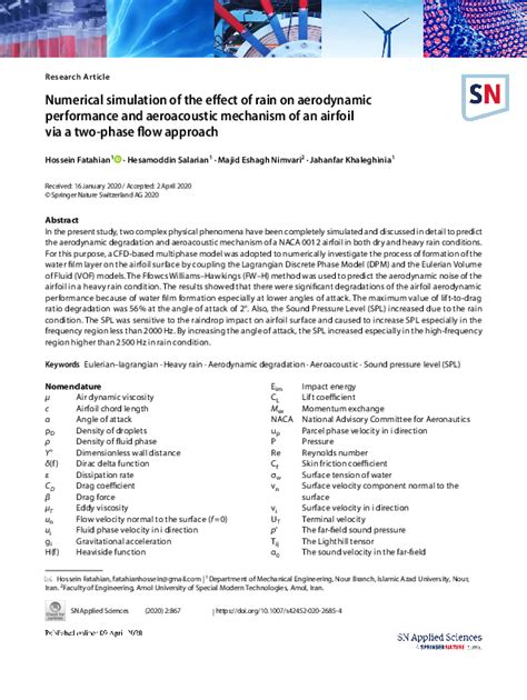 Pdf Numerical Simulation Of The Effect Of Rain On Aerodynamic Performance And Aeroacoustic