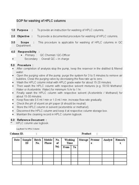 Sop For Washing Of Hplc Columns Pdf Cooking Food And Wine Science And Mathematics