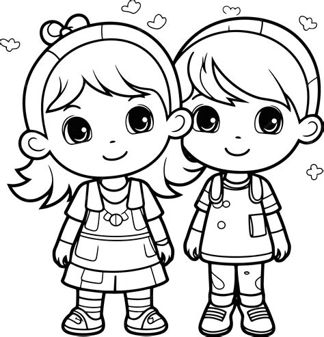 두 친구 색칠하기놀이 벡터 아이들과 소녀들을 위한 어린 소녀 색상으로 색상 기본 간단한 귀여운 만화 팁 개요 Png 일러스트 및 벡터 에 대한 무료 다운로드